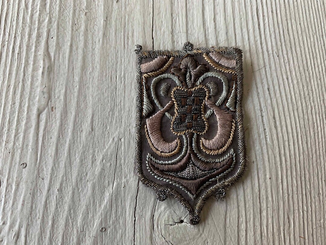 One Small Antique Embroidered Applique With Metallic Thread Embroidered ...
