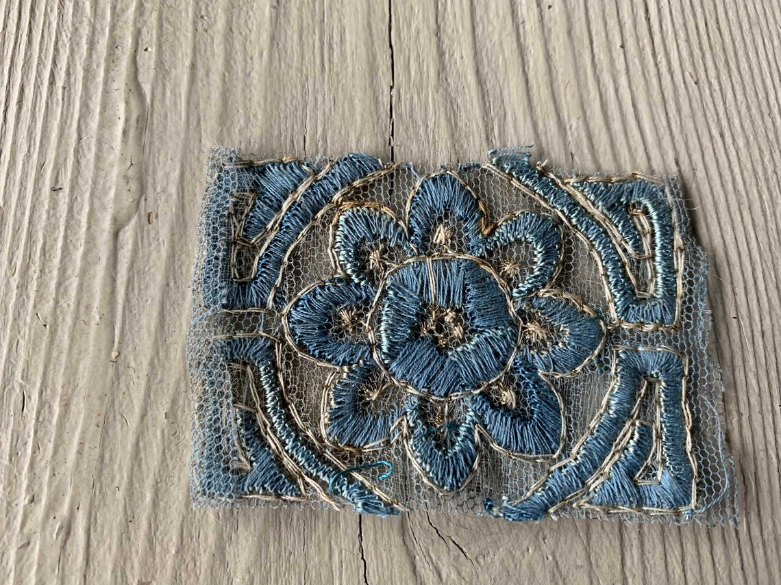 One Antique Embroidered Applique Fragment With Metallic Thread ...
