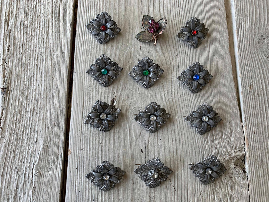 Antique Stamped Metal Pin With Glass Bead Center From Sample - Etsy