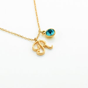 Birthstone Necklace / Personalized Cursive Letter Necklace / Initial ...