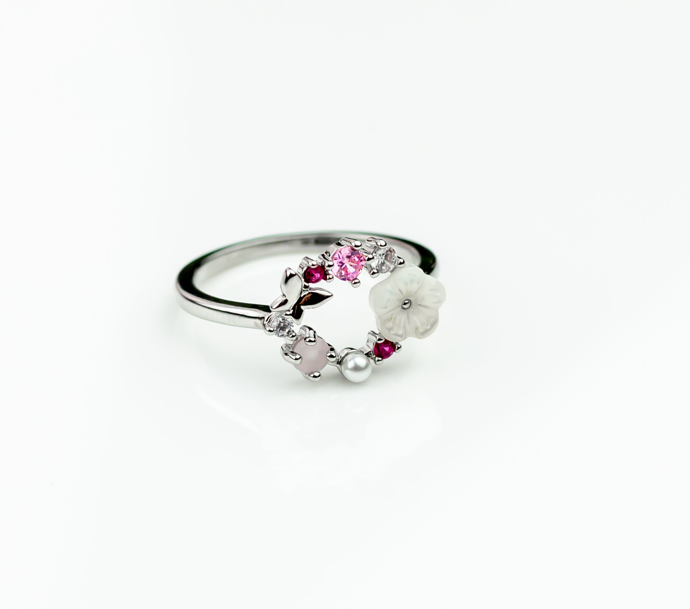 Bridesmaid Butterfly Flower Ring / Dainty Crystal & Pearl Ring / Flower ...