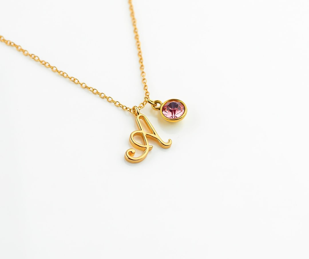 Birthstone Necklace / Personalized Cursive Letter Necklace / Initial ...