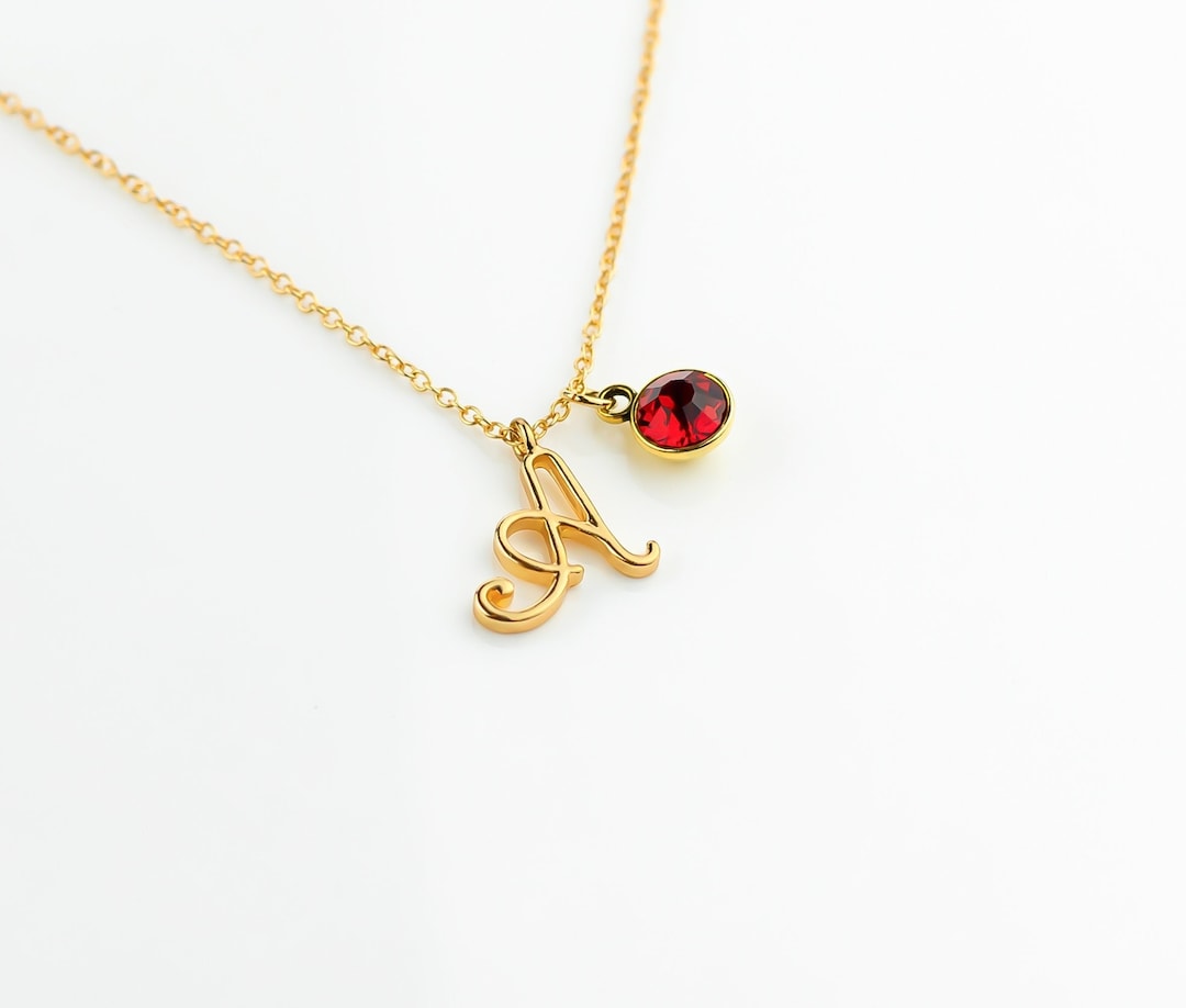 Birthstone Necklace / Cursive Letter Necklace / Initial & Birthstone ...