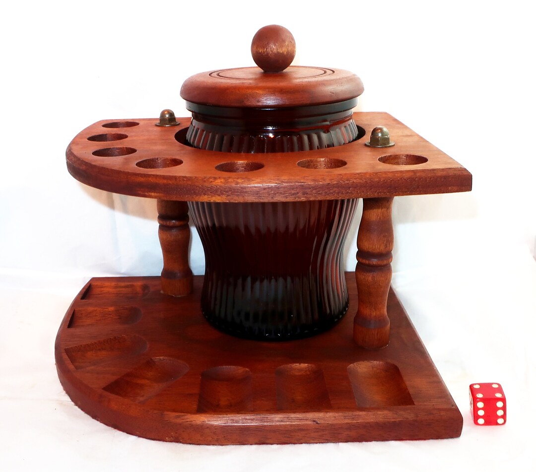 WALNUT 7 PIPE STAND & Fluted Glass Humidor W/lid Corner Holder Rack by ...
