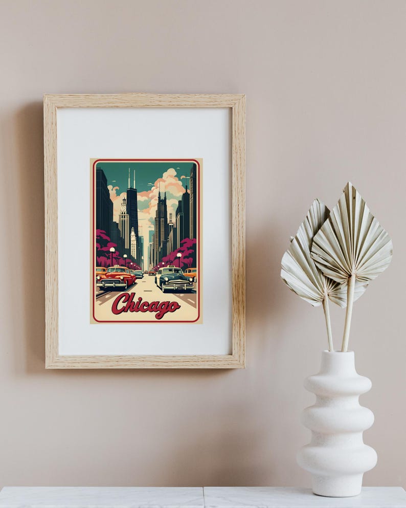 Vintage Chicago City Street Scene Poster | Classic Cars Urban Wall Art ...