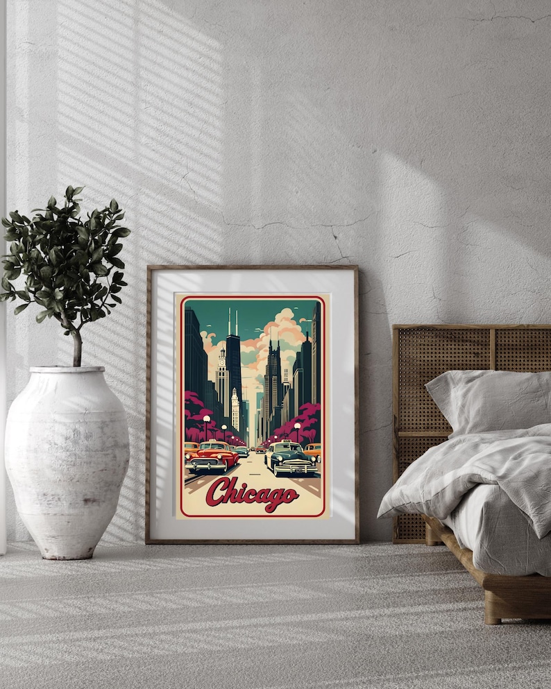 Vintage Chicago City Street Scene Poster | Classic Cars Urban Wall Art ...