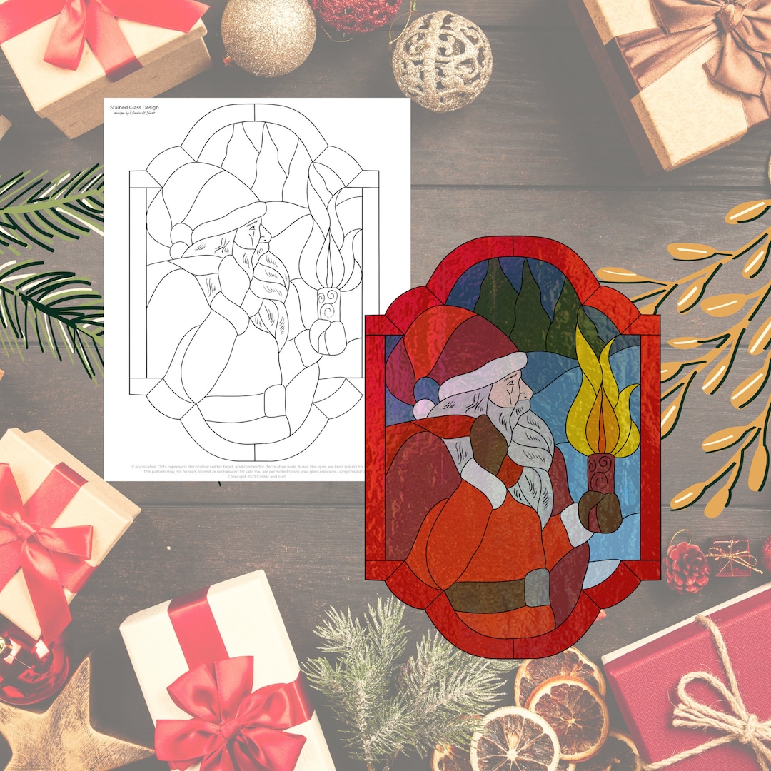 Santa Scene Holiday, Stained Glass Pattern, Digital Stained Glass ...