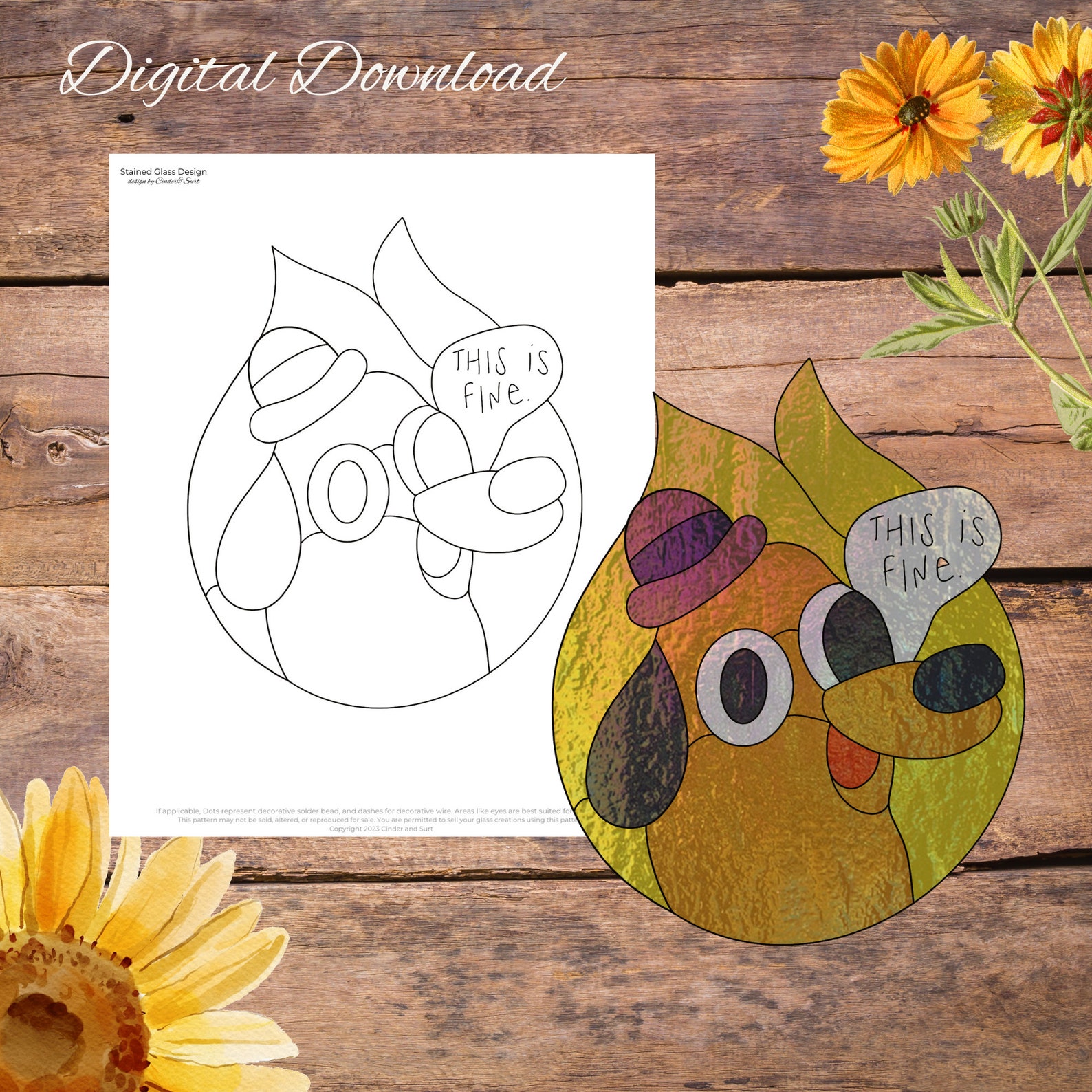 This is Fine, World on Fire Dog, Meme Humor Stained Glass Pattern ...