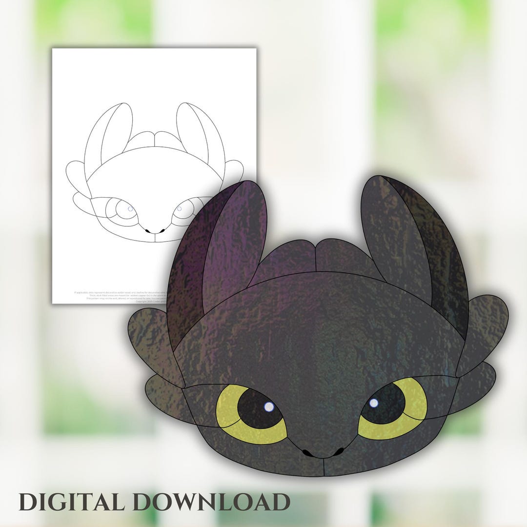 Cute Black Tooth Dragon Head Stained Glass Pattern, Digital Stained ...