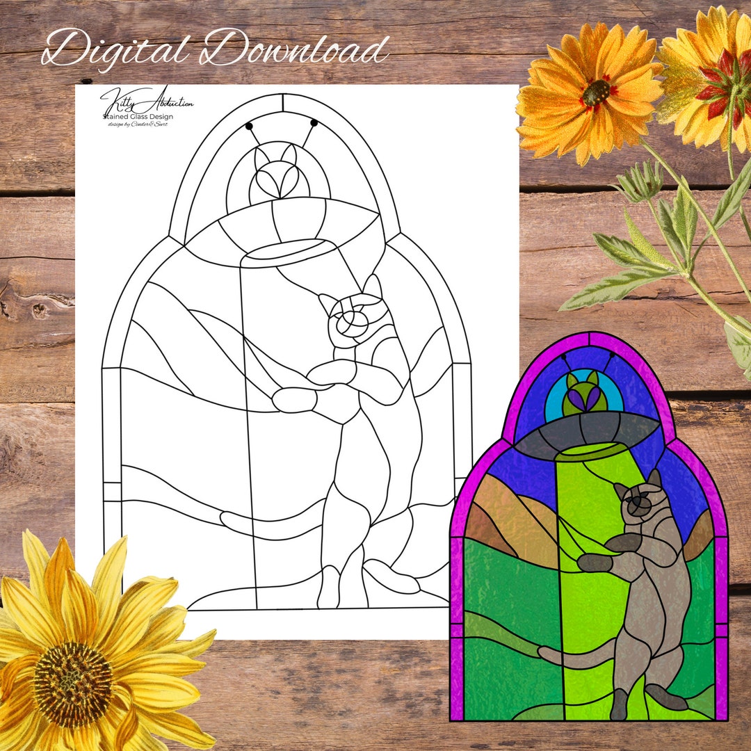 Kitty Abduction, Alien Cat Stained Glass Pattern, Digital Stained Glass ...