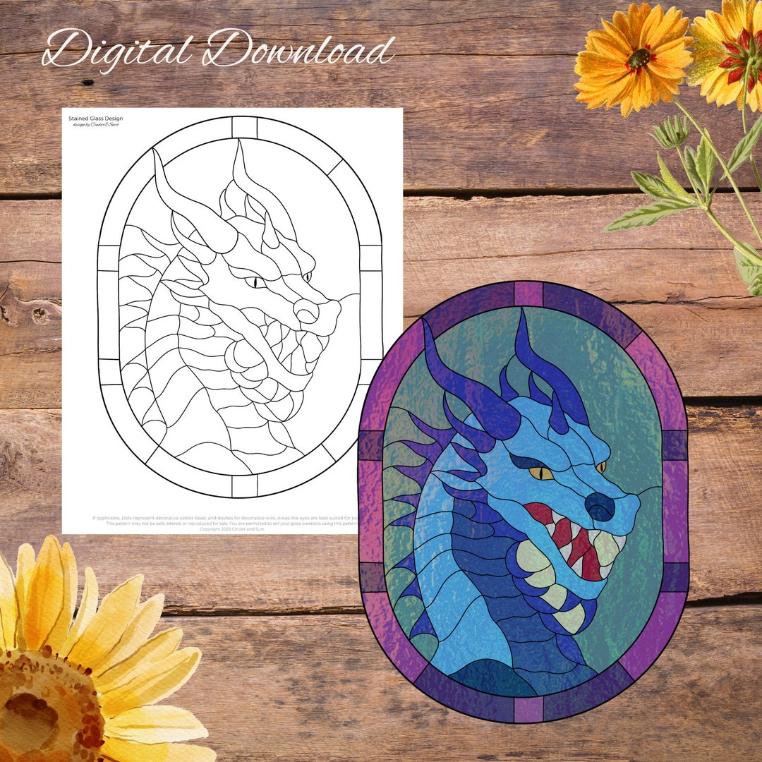 Dragon Profile Stained Glass Pattern, Digital Stained Glass Pattern ...