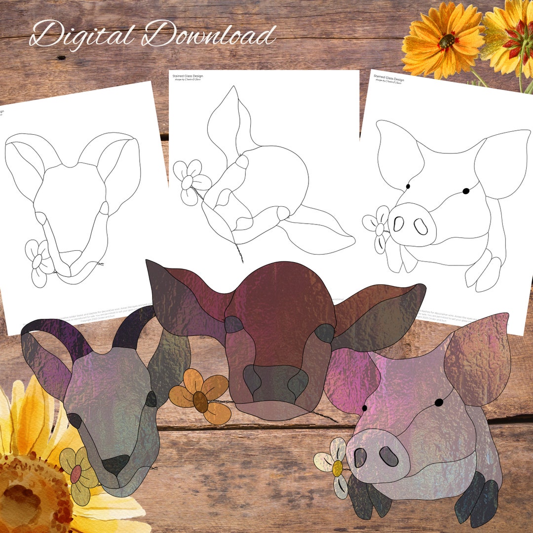Baby Farm Animals With Spring Flower, Stained Glass Pattern, Glasswork ...