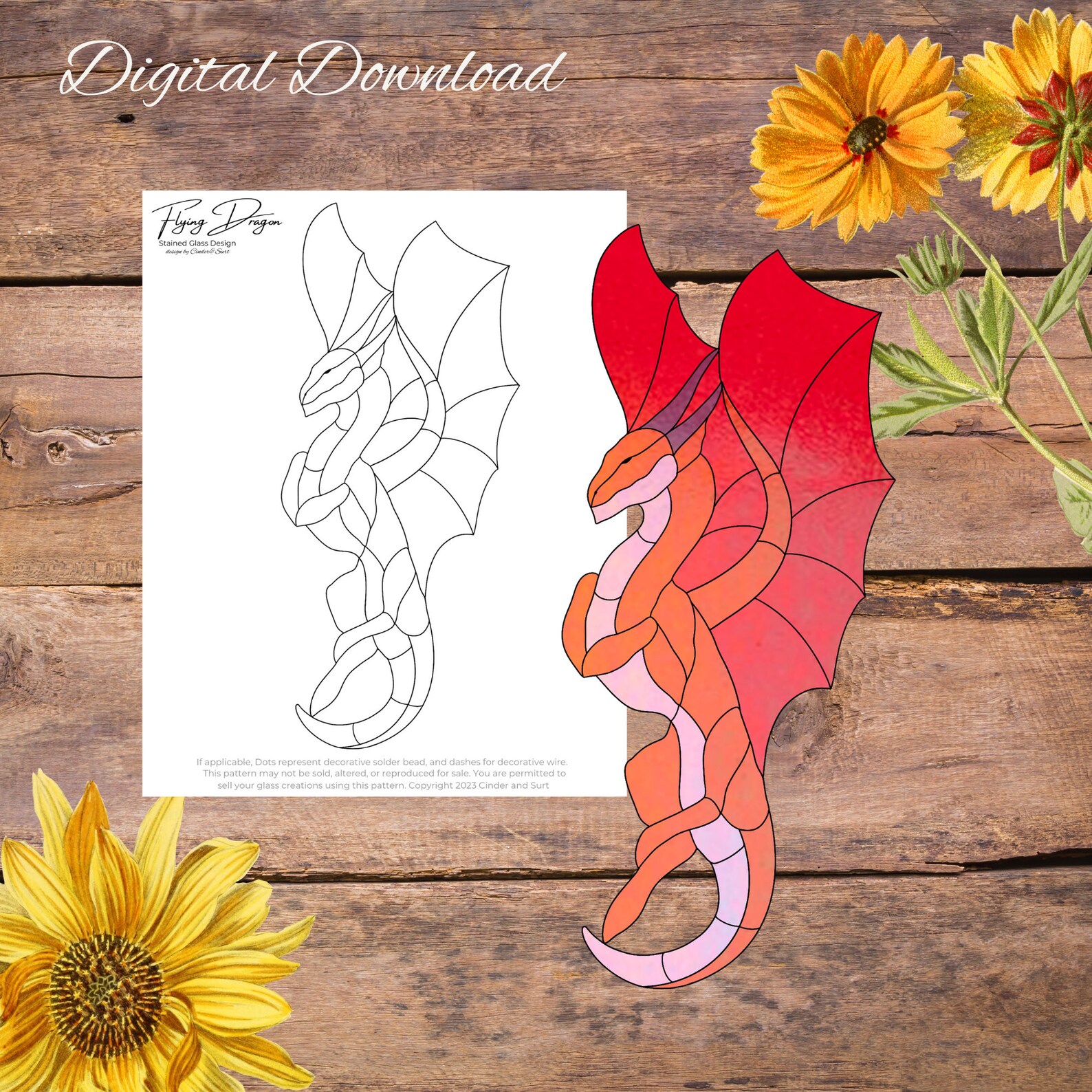 Flying Dragon Stained Glass Pattern, Digital Stained Glass Pattern ...