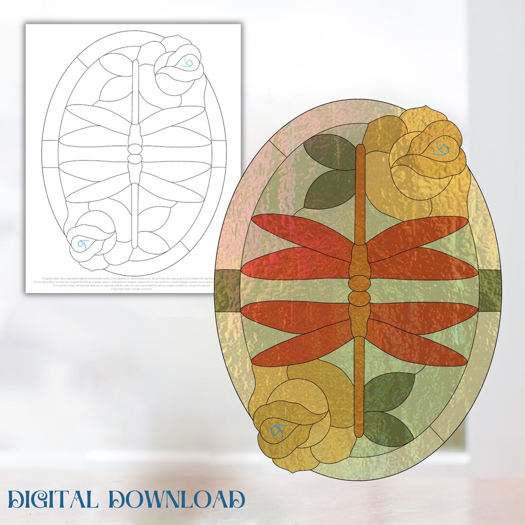 Dragonfly and Roses Stained Glass Pattern, Dragonfly Insect Digital ...