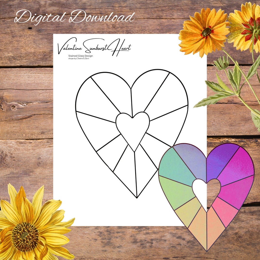 Valentine Starburst Heart, Stained Glass Pattern, Digital Stained Glass ...