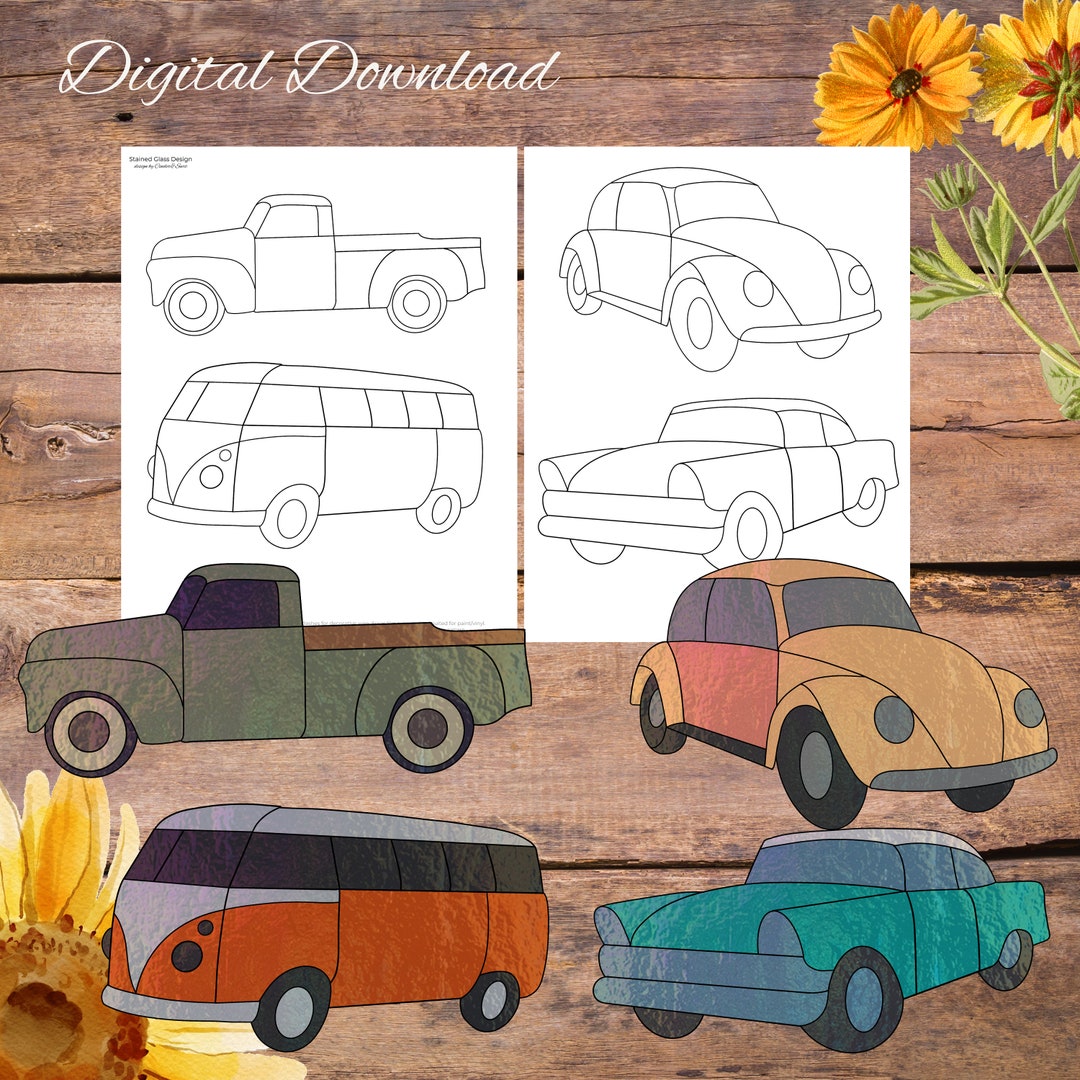 Vintage Cars and Truck Glass Pattern, Stained Glass Pattern, Vintage ...