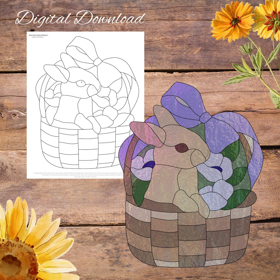 Easter Rabbit in Basket Spring Stained Glass Pattern, Glasswork Pattern ...