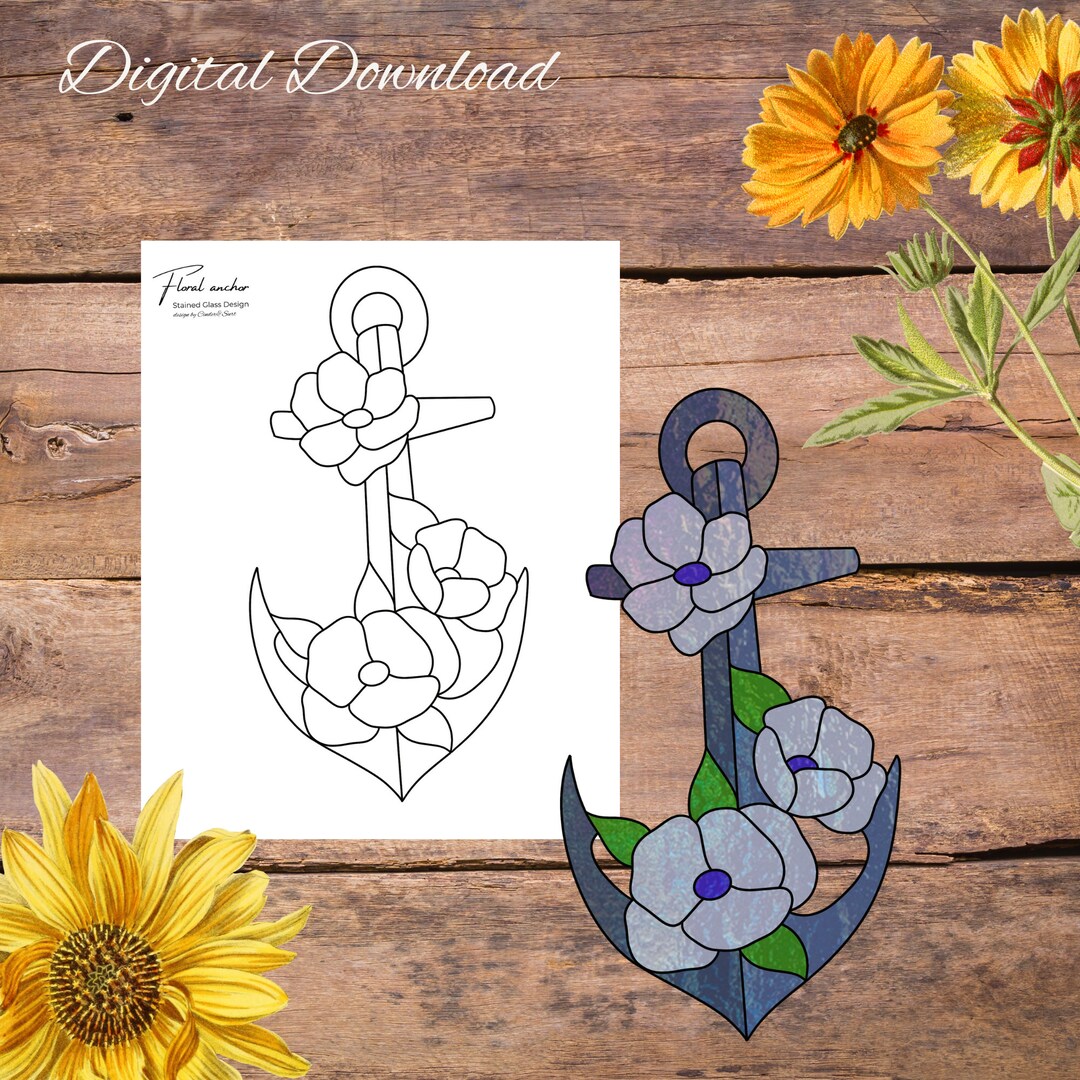 Floral Anchor, Anchor Ocean Suncatcher Stained Glass Pattern, Digital ...
