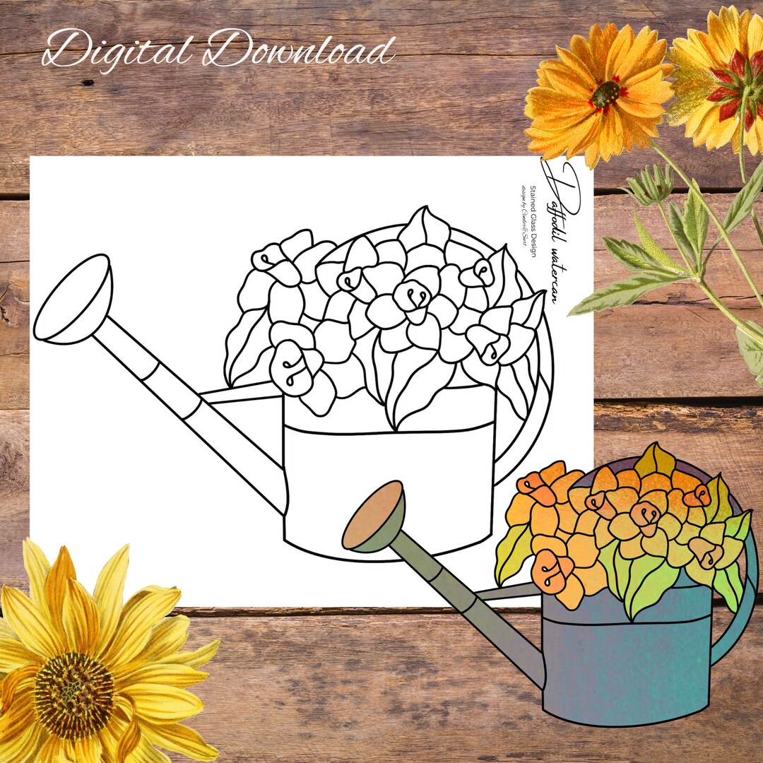Daffodil Watering Can Stained Glass Pattern, Digital Stained Glass ...