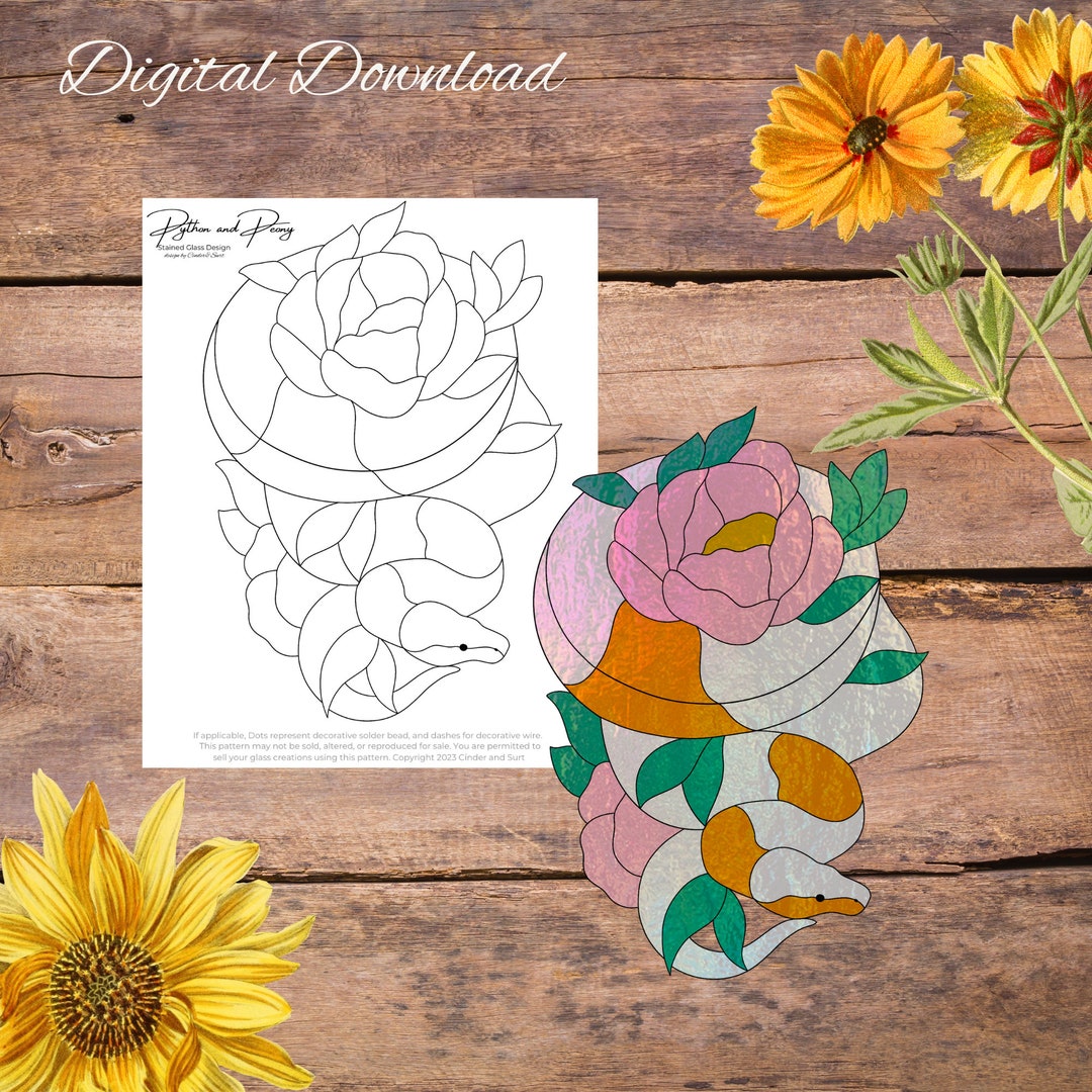 Python and Peony, Floral Snake Stained Glass Pattern, Digital Stained ...