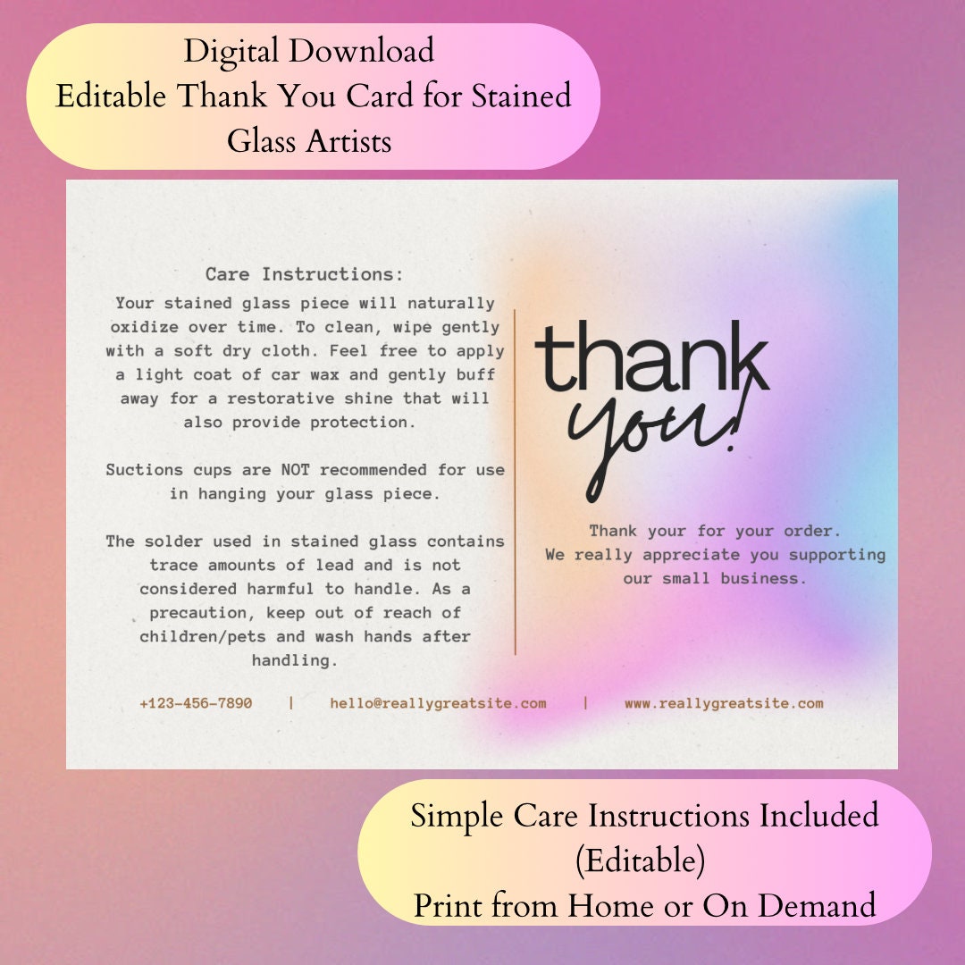 Simple Stain Glass Thank You and Care Instruction Card, Digital ...