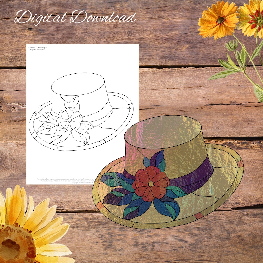 Floral Felt Hat, West Coast Brim Hat, Stained Glass Pattern, Digital ...