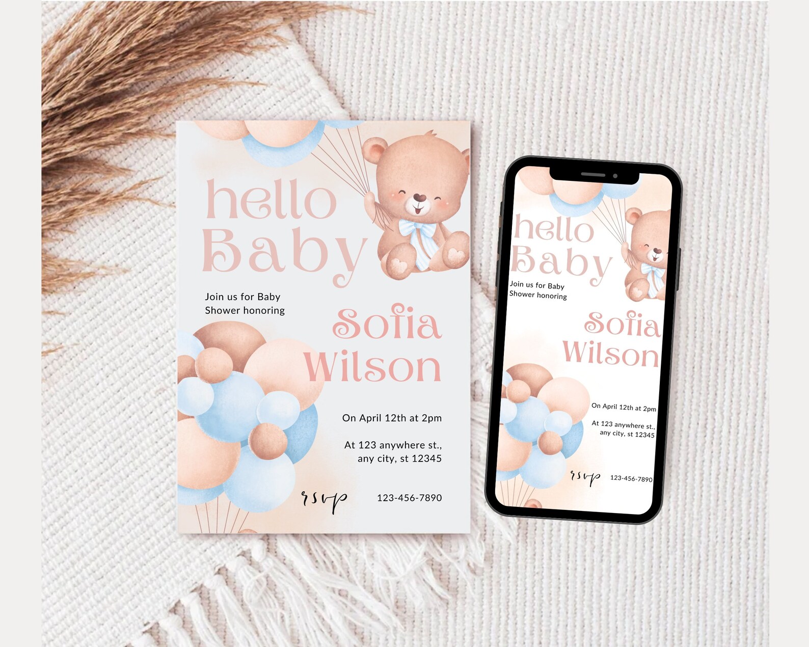 Editable Teddy Bear Baby Shower Invitation, Hello Baby Shower Invite ...