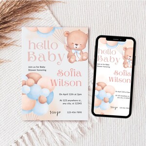 Editable Teddy Bear Baby Shower Invitation, Hello Baby Shower Invite ...
