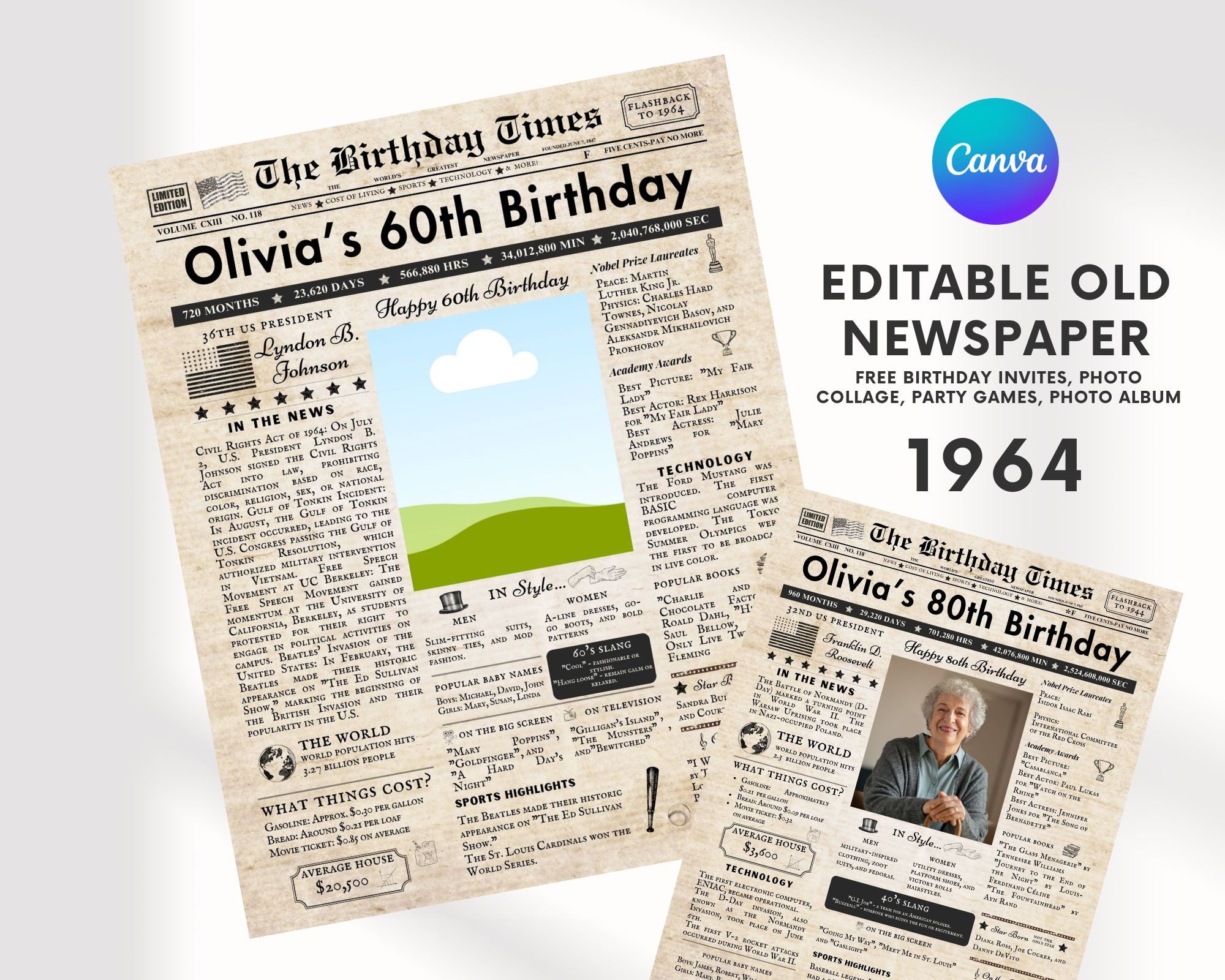 EDITABLE 60th Birthday Vintage Newspaper, Back in 1964, Personalized ...