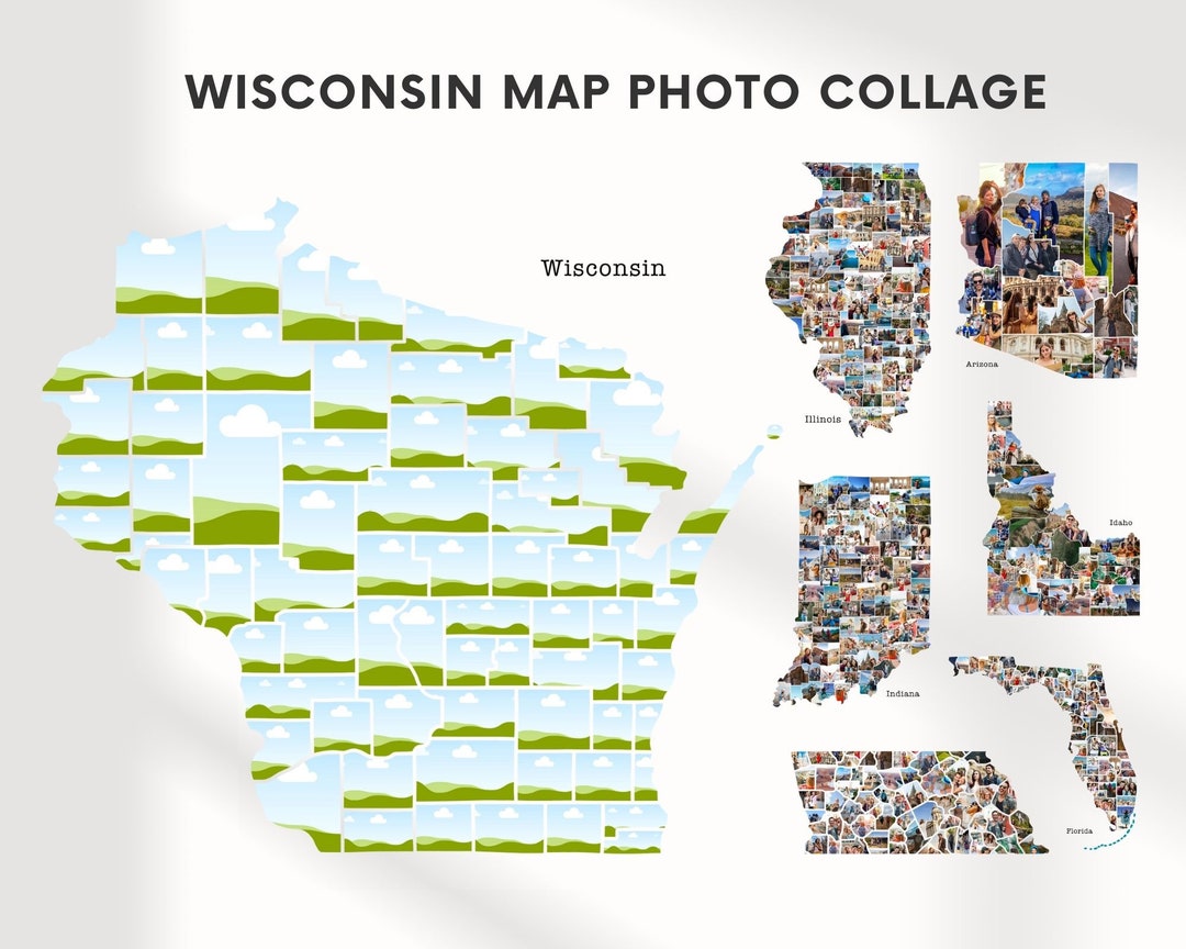 Personalized Wisconsin Map Photo Collage, Canva Template (digital ...