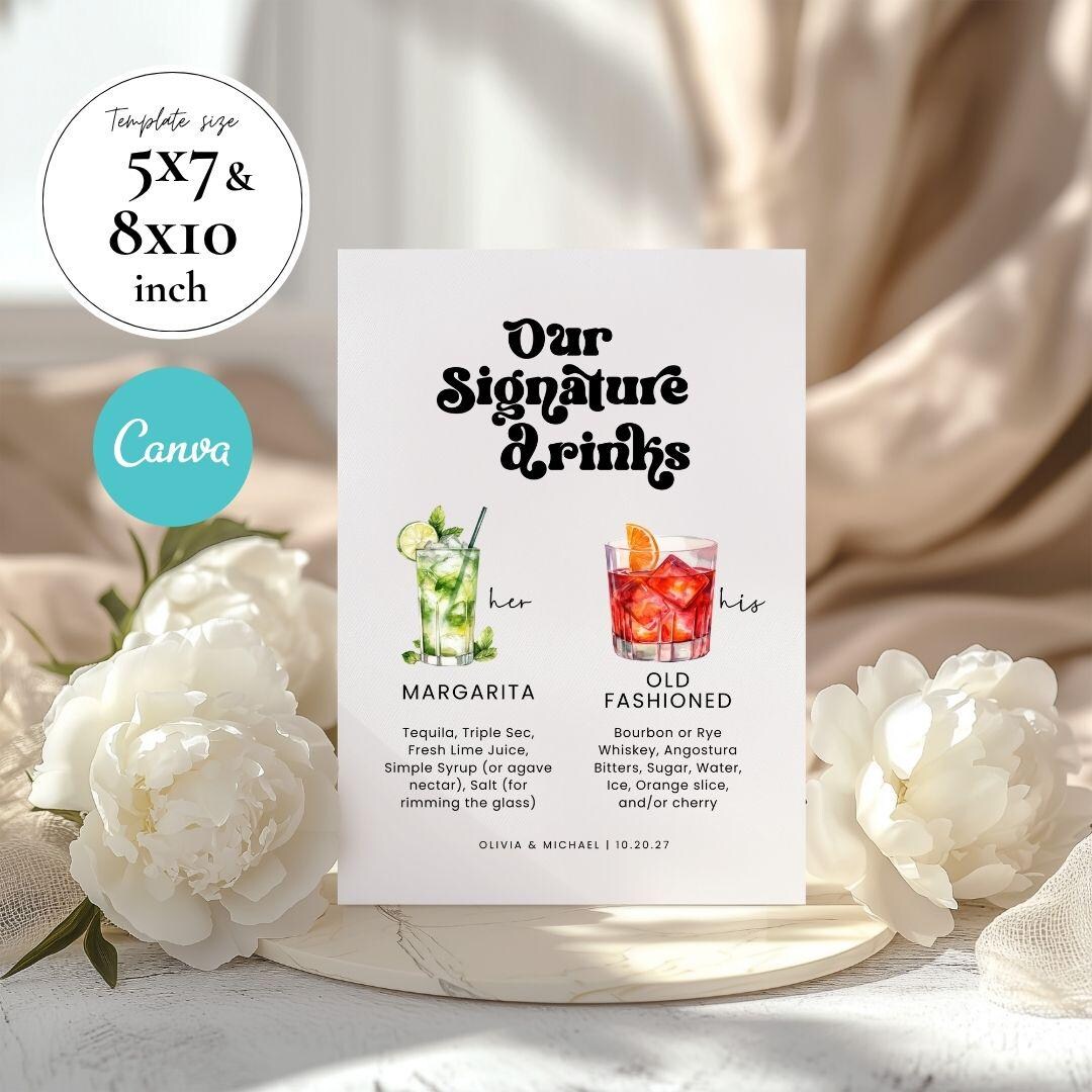 Editable Couple Signature Cocktail Bar Menu Sign, Wedding Signature ...