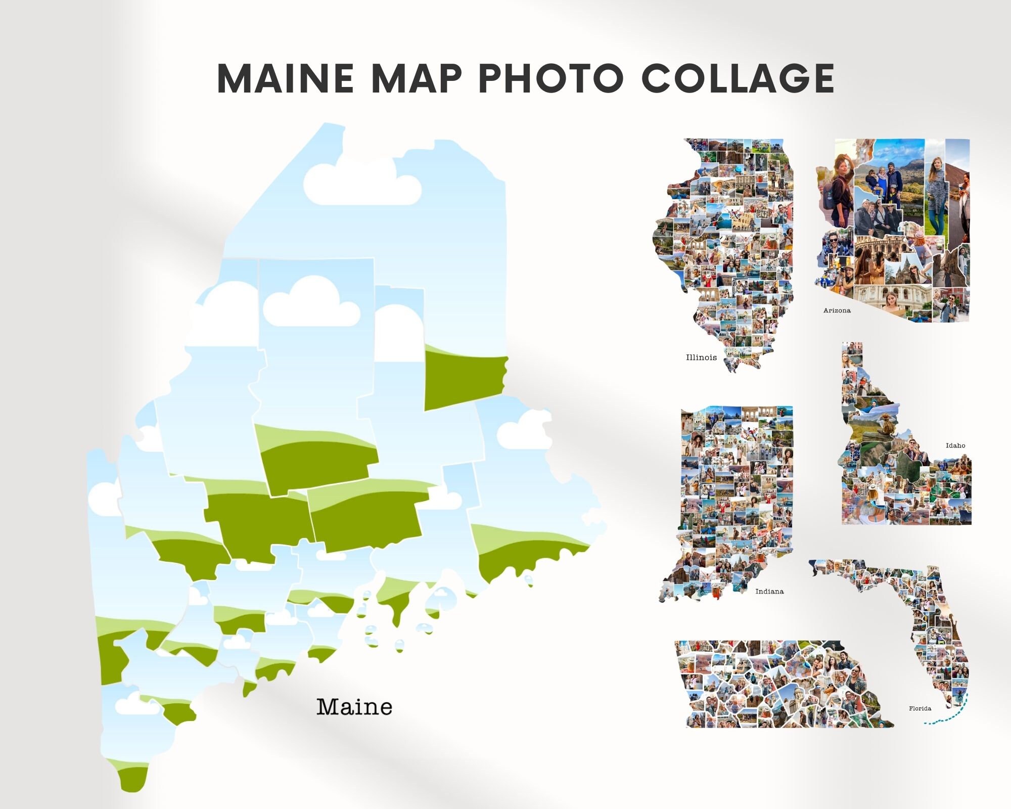 EDITABLE Personalized Maine Map Photo Collage, United States Maps ...