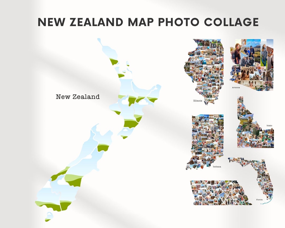 EDITABLE Personalized New Zealand Map Photo Collage, Maps Portrait ...