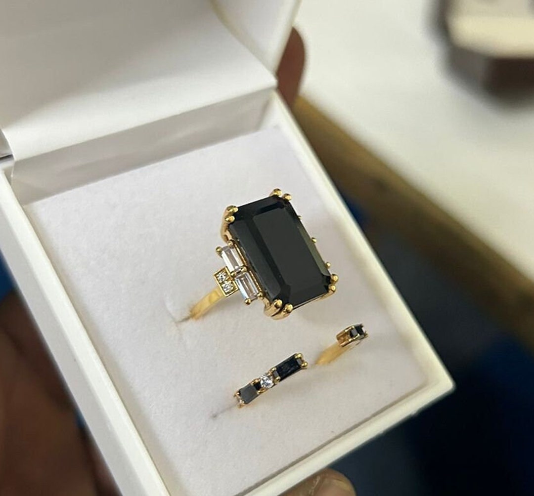 Bold Emerald Cut Black Onyx Engagement Ring Set, Art Deco Black Onyx ...