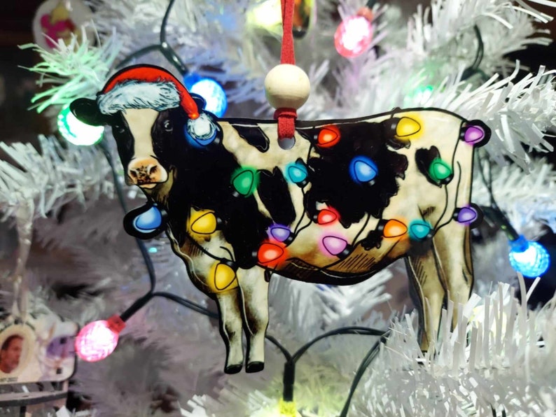 Christmas Lights Cow Ornament | Santa Cow | Country Christmas | Cow ...