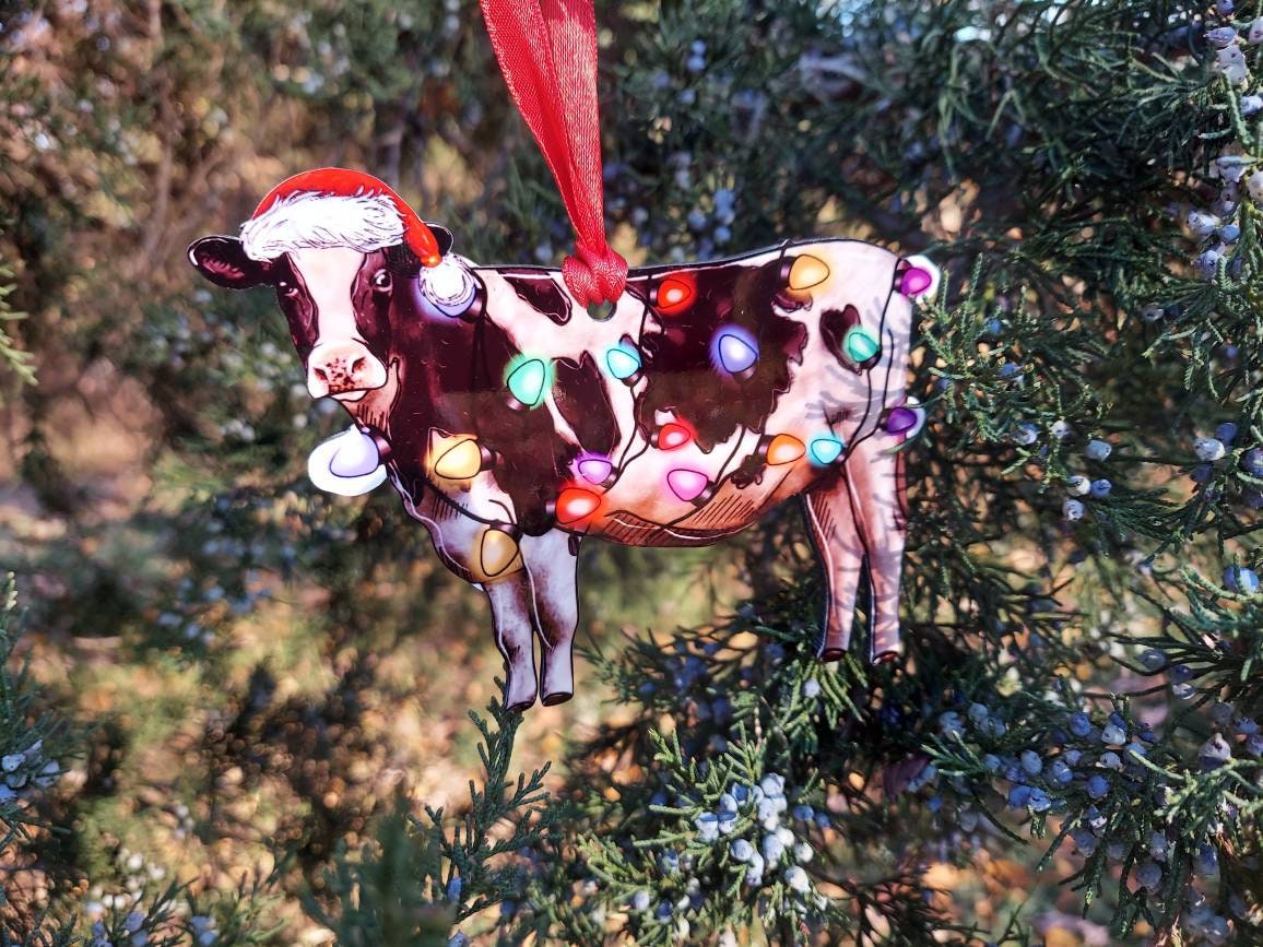 Christmas Lights Cow Ornament | Santa Cow | Country Christmas | Cow ...