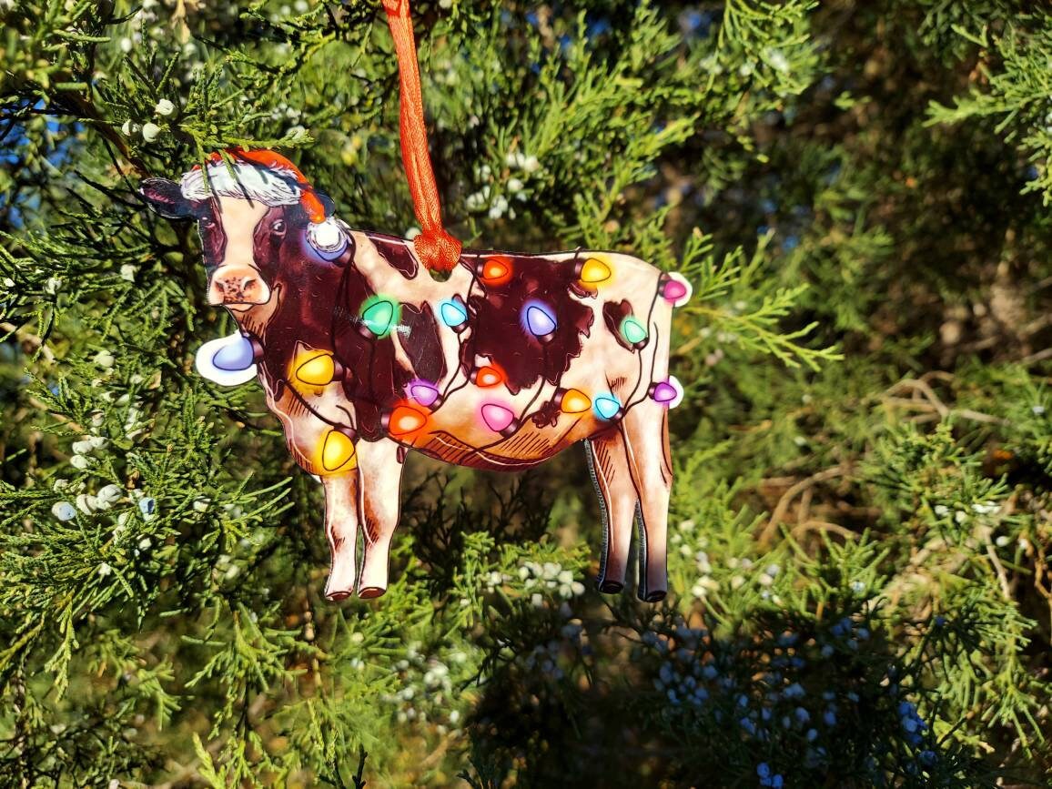 Christmas Lights Cow Ornament | Santa Cow | Country Christmas | Cow ...