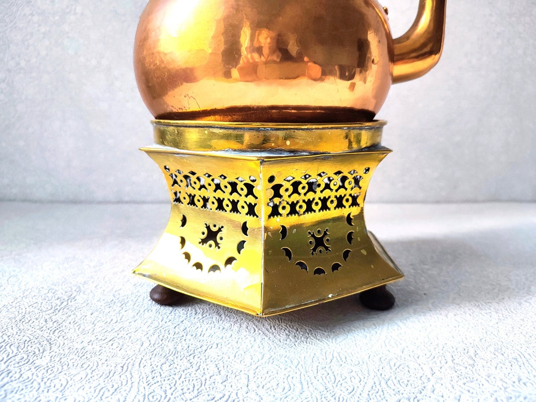 Brass Tea Kettle and Food Warmer Vintage / Gold Metal Trivet / Rustic ...
