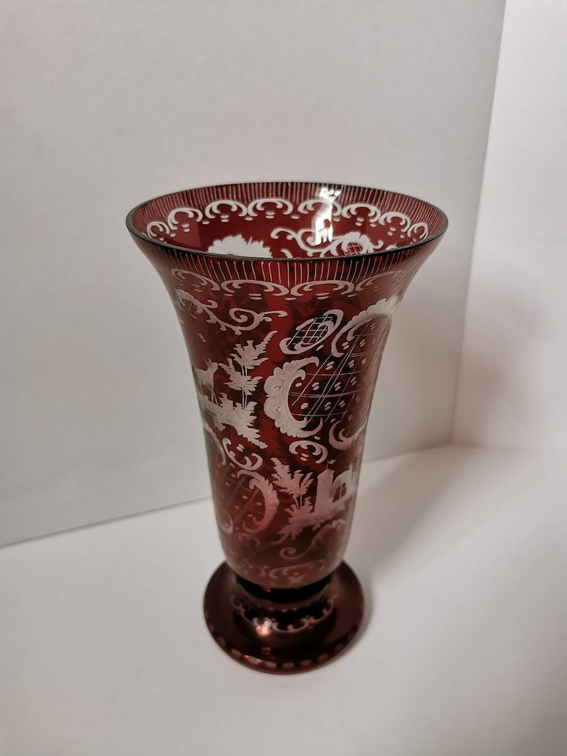Rare Early Etched Cranberry Glass Vase - Etsy