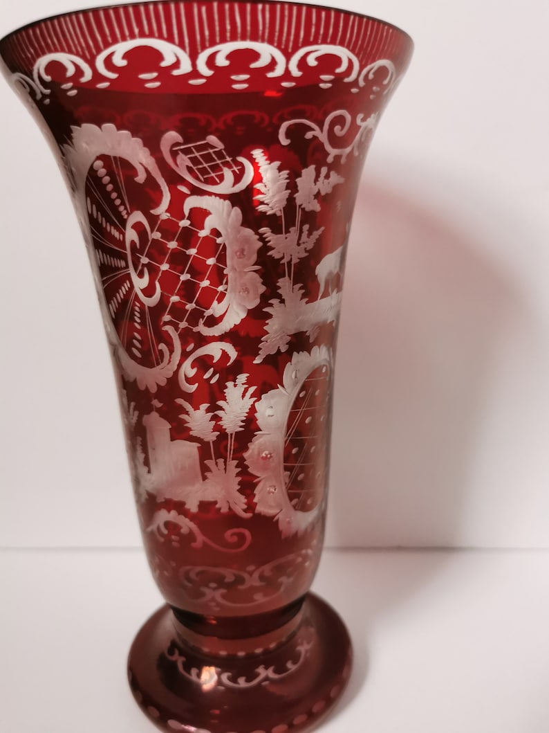 Rare Early Etched Cranberry Glass Vase - Etsy