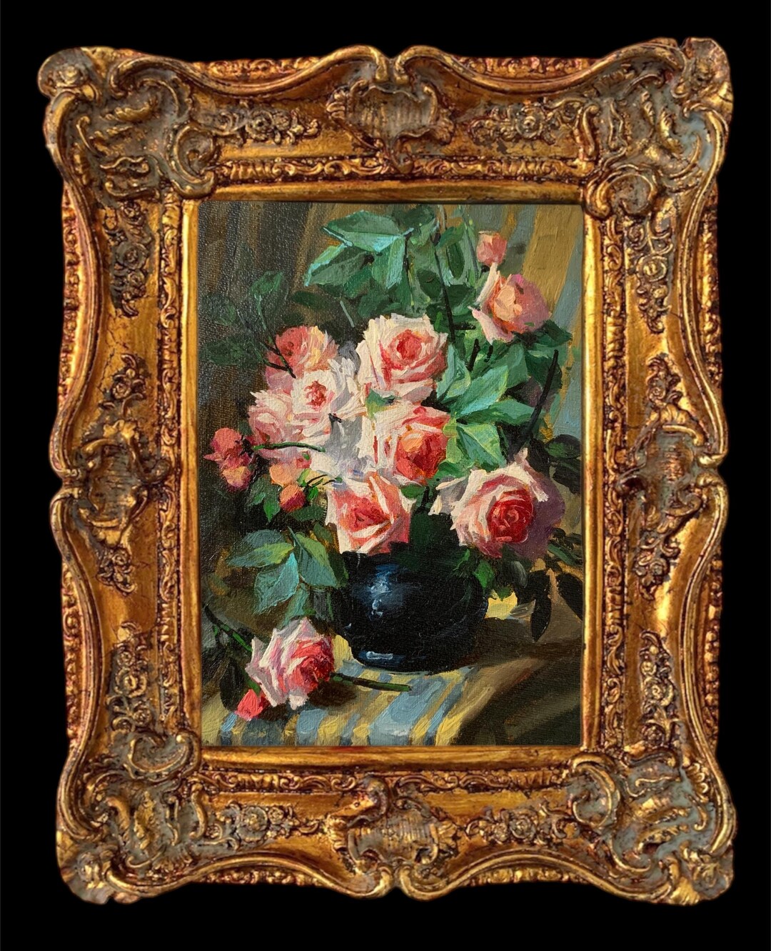 New Original Oil Painting on Canvas Roses by Kayvon Esmaeilou With Gold ...