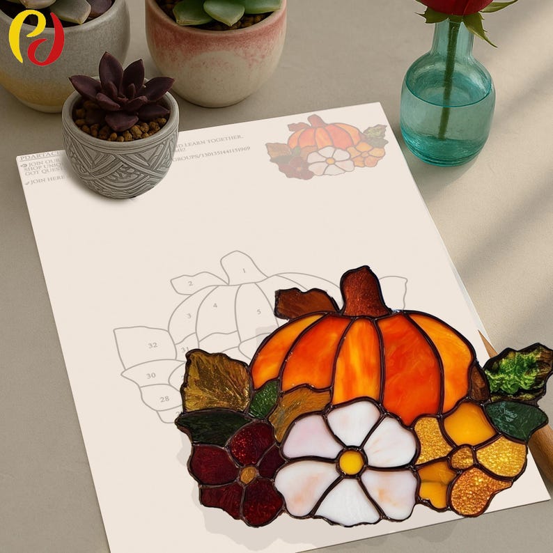 PDACE493 Pumpkin Stained Glass Pattern With Flowers, Fall Harvest Glass ...