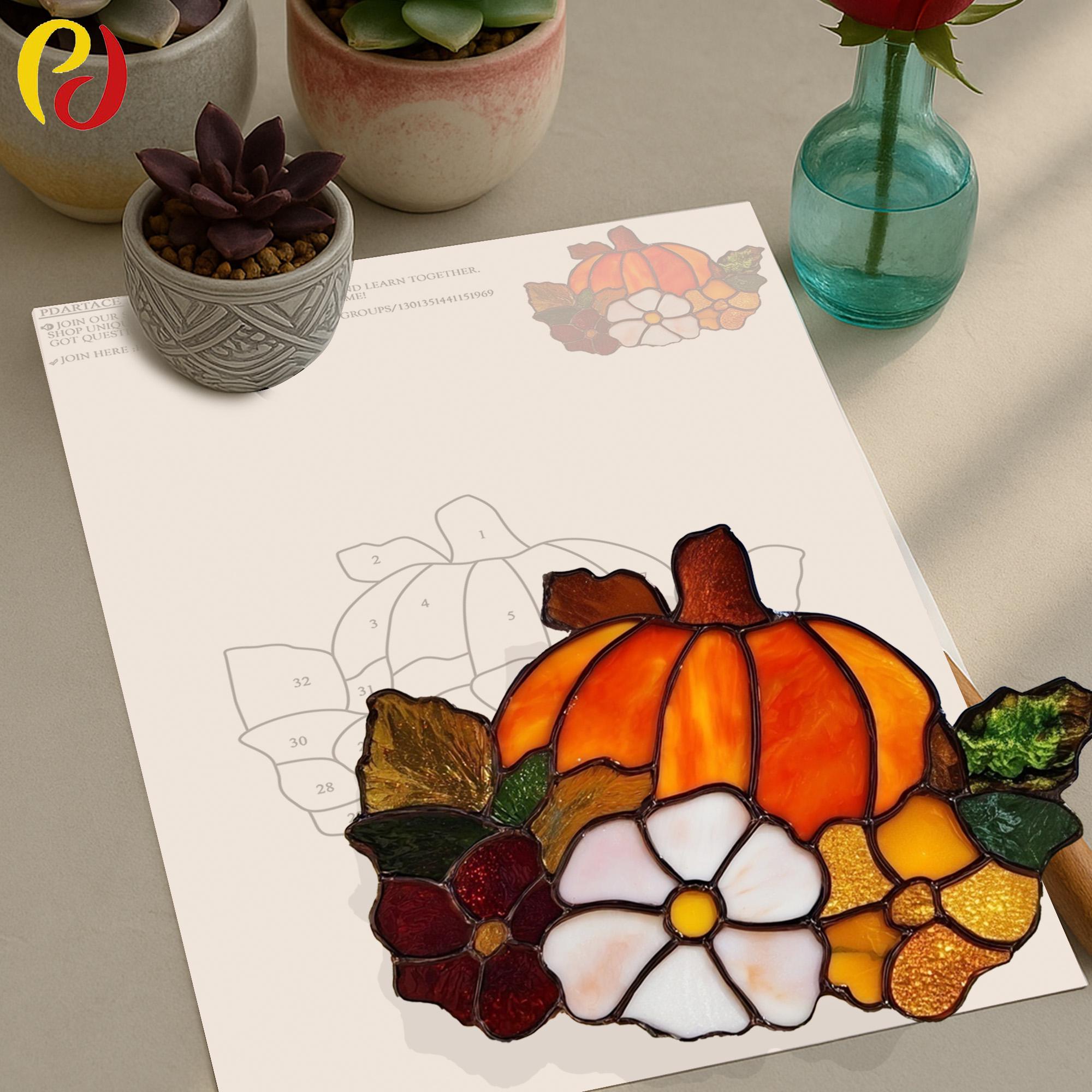 PDACE493 Pumpkin Stained Glass Pattern With Flowers, Fall Harvest Glass ...