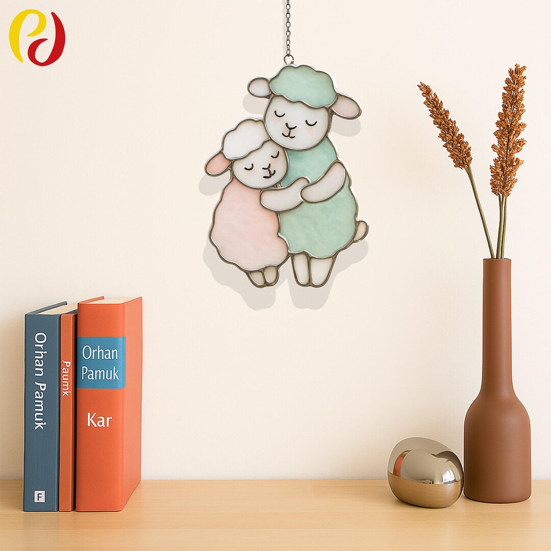 PD 58 Sheep Couple Stained Glass Window With Sun-catching Pig Digital ...