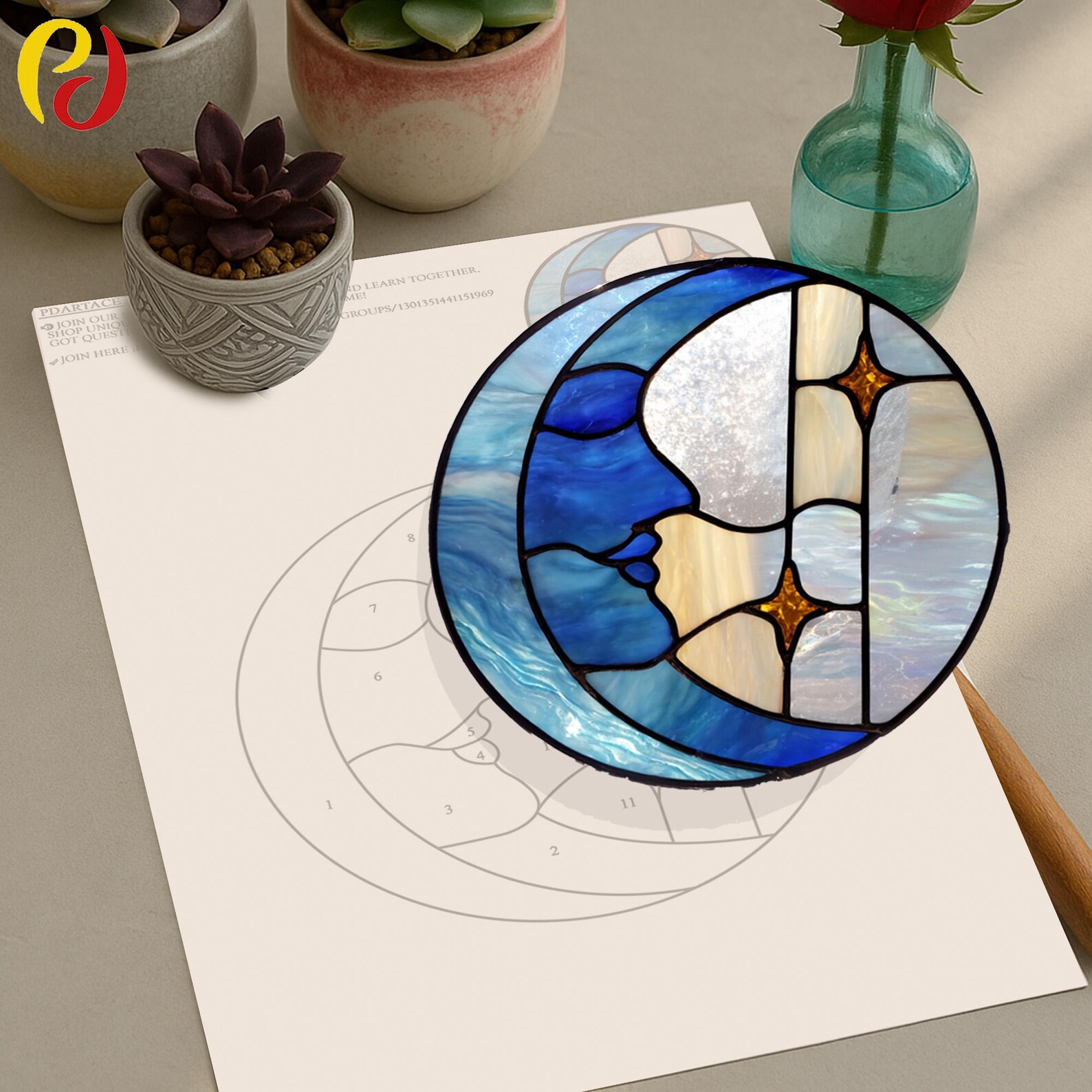 PDACE516 Stained Glass Moon and Stars Pattern – Celestial Face ...
