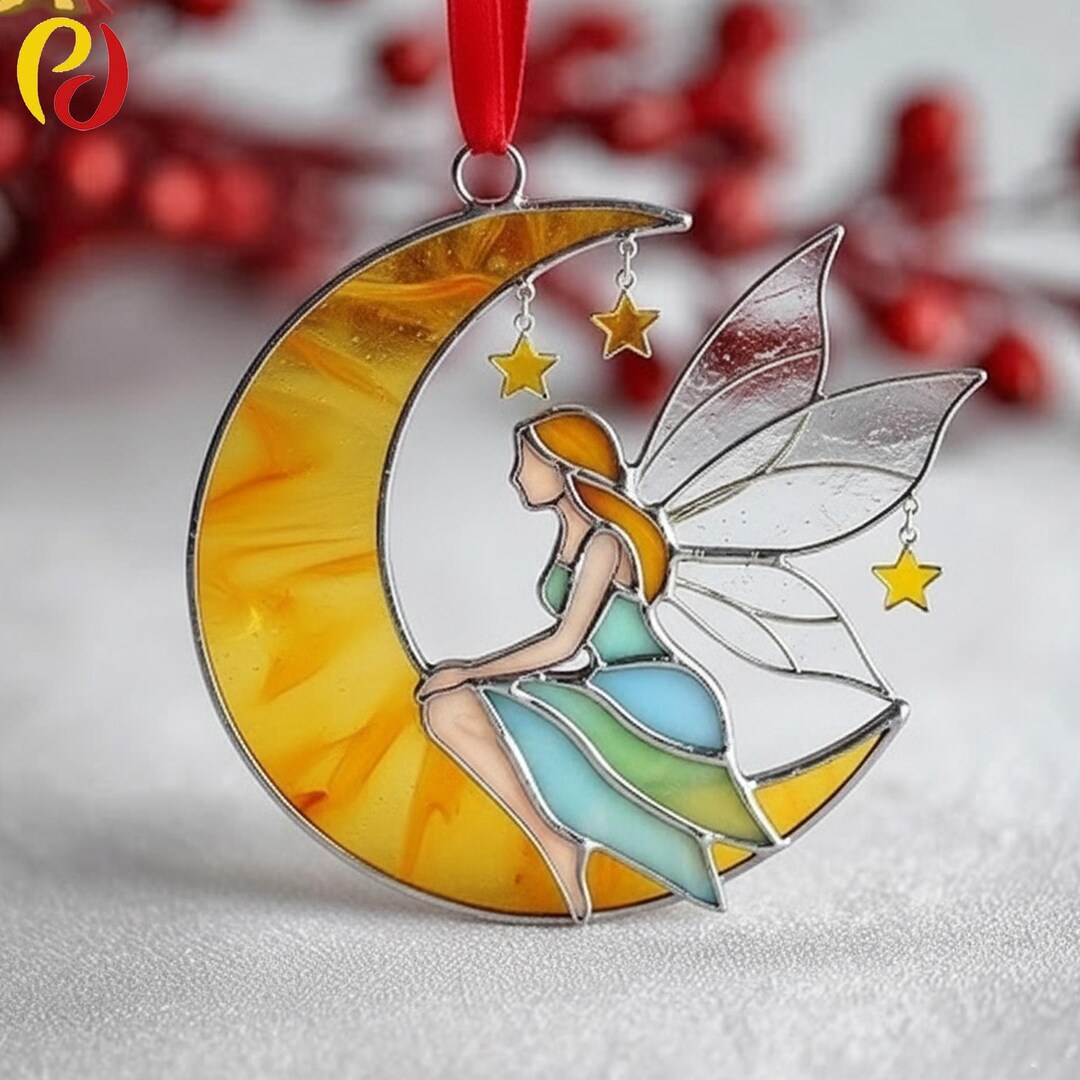 PDACE641 Fairy on Crescent Moon Stained Glass Pattern, Fantasy Winged ...