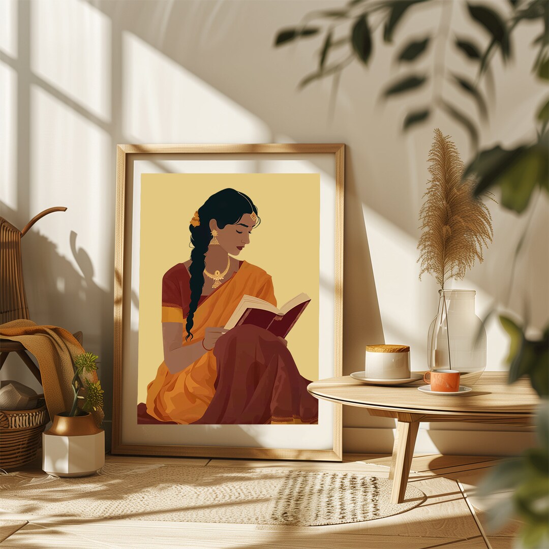 Woman Indian Reading Book, Desi Art, Boho Art, Indian Woman Wall Art ...