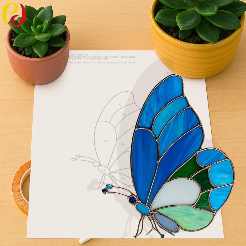 PDACE433 Butterfly Stained Glass Pattern, Blue Green Digital Design ...