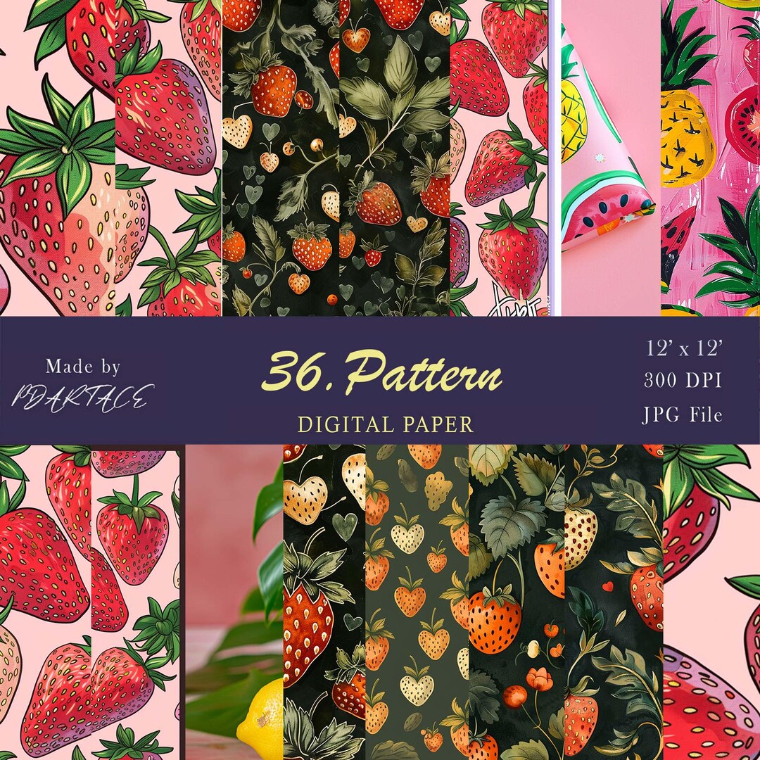 Fruits Pattern 01 Digital Paper Pack - 36 Seamless JPG Patterns ...