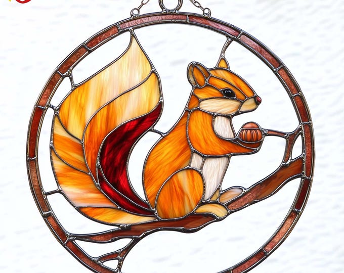 Squirrel Faux Glass Art, Squirrel Glass Suncatcher, Window Hanging ...